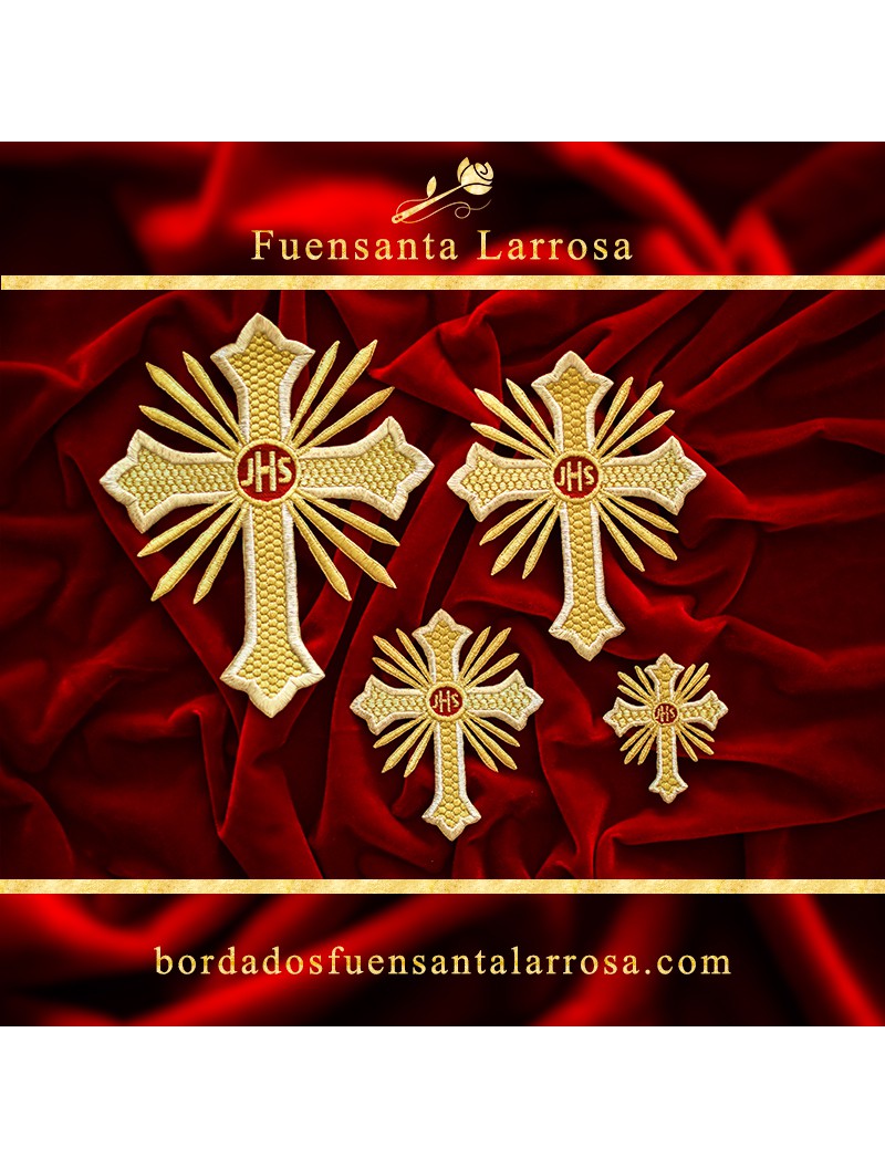 BORDADO CRUZ CÍRCULO LUZ GRANDE ORO. APLICACIÓN RELIGIOSA. LITÚRGICO.